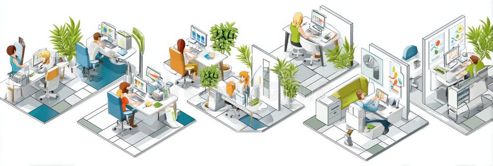 Collaborative Workspace Design Featuring Employees in Separate Work ...