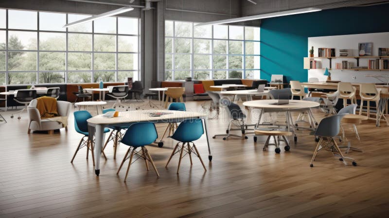 A Collaborative Workspace with a Variety of Tables and Chairs for ...