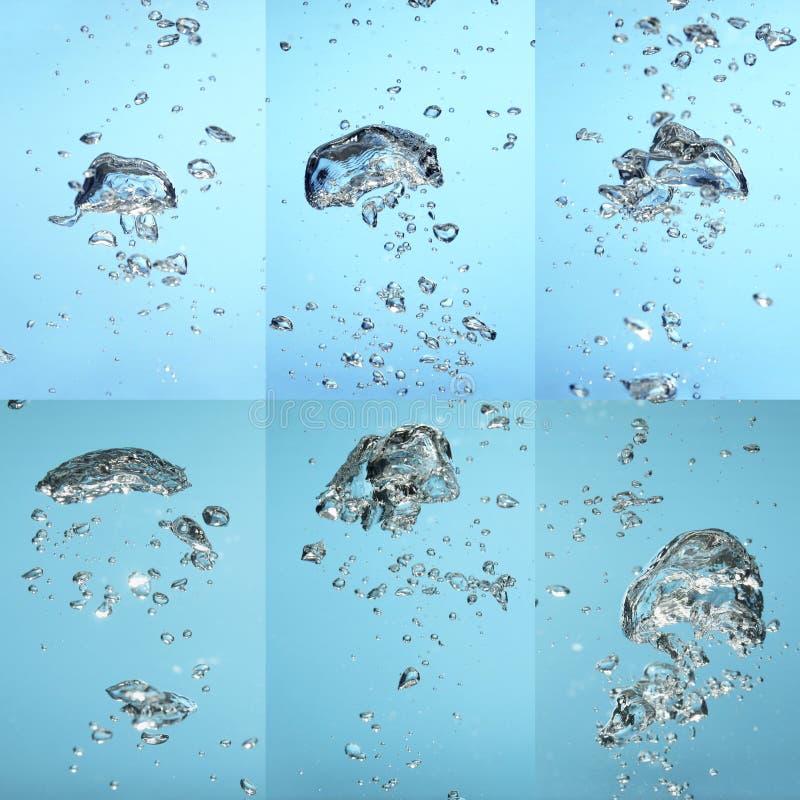 Collage with Air Bubbles in Water on Light Blue Background Stock ...