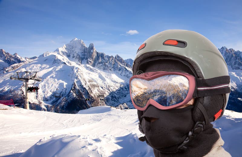 Collage with Alpine Slope and Closeup Skier Stock Image - Image of mask ...