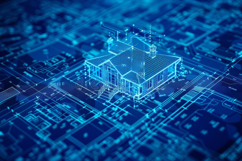 Collage of Architectural Blueprints Featuring a Modern House Surrounded ...