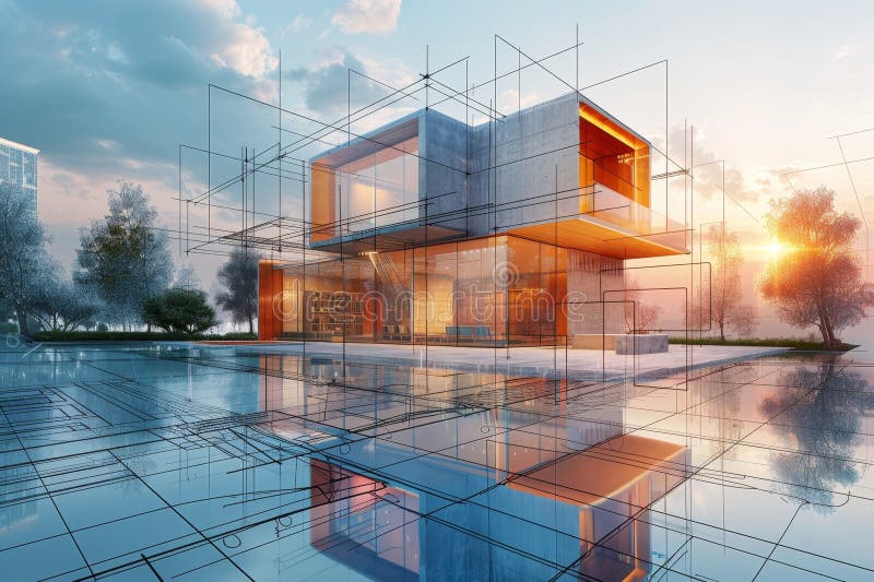 Collage of Architectural Drawings and Blueprints Featuring a Modern ...