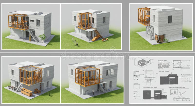 A Collage of Architectural Renderings Showcases a Modern Two-story ...
