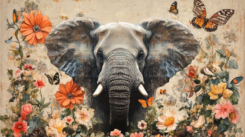 Collage Artwork of an Elephant with Floral and Butterfly Elements Stock ...