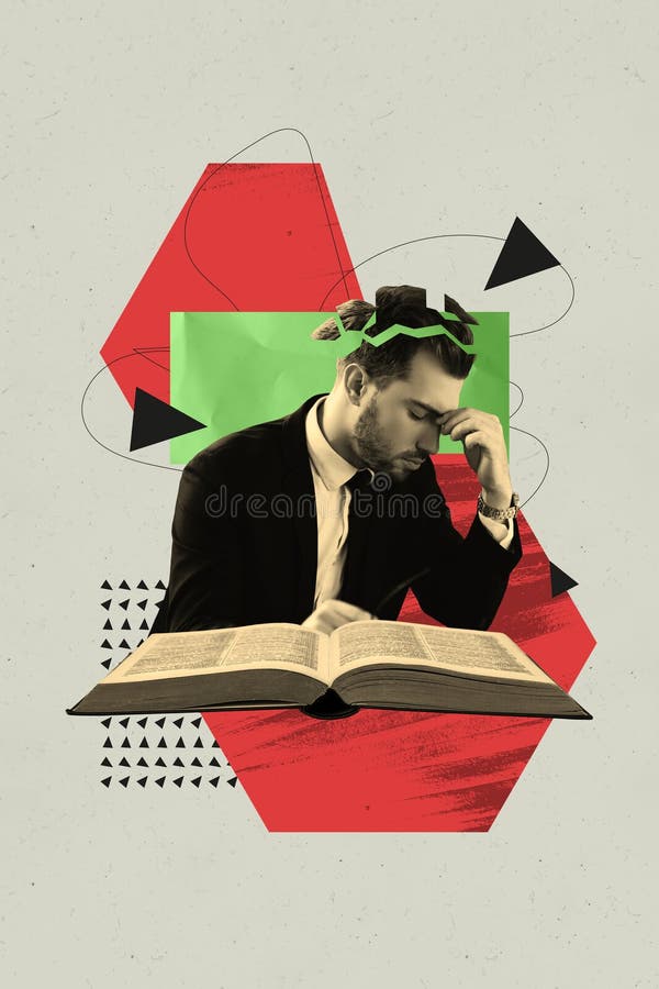 Collage Artwork Image of Young Stressed Tired Burnout Man Solve Problem ...