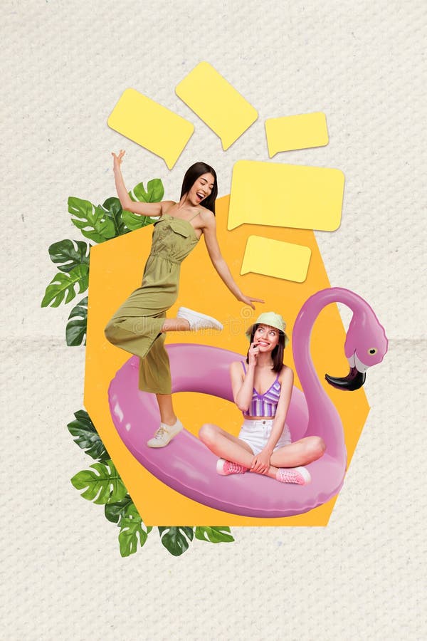 Collage Artwork Picture of Funky Girlfriends Enjoying Trip Talking ...