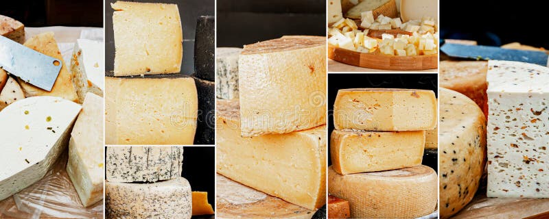 Collage of Assorted Cheese Varieties at a Market Stall. Composite Image ...