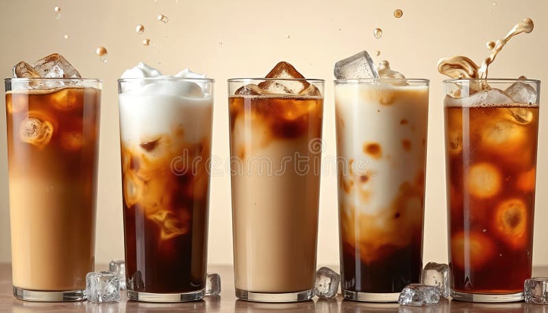 Collage of Assorted Iced Coffee Drinks Cold Brews, Lattes with Milk ...