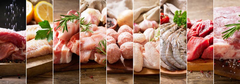 Collage of Assortment Fresh Meat, Chicken and Seafood Stock Photo ...
