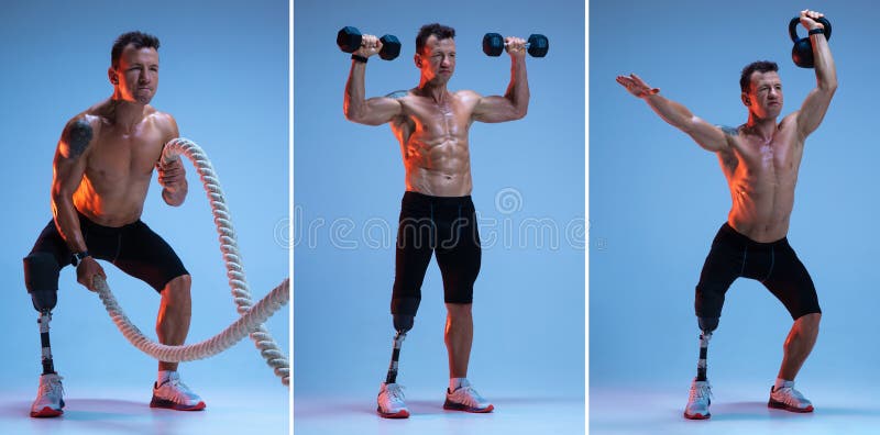 Collage. Athletic Man with Prosthetic Leg Doing Rope Training ...