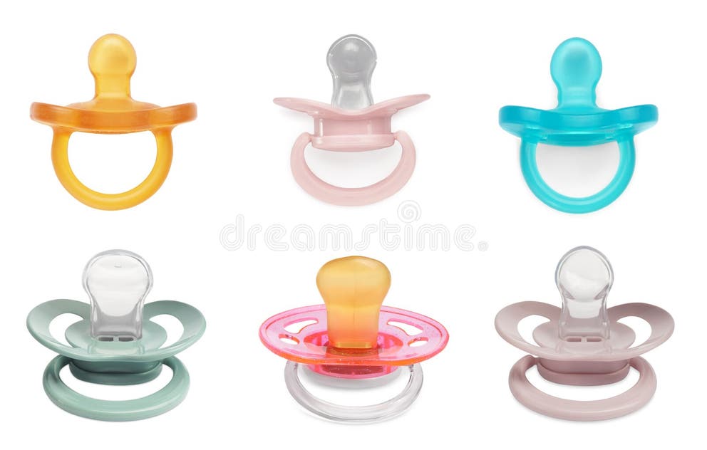 Collage of Baby Pacifiers in Different Colors on White Background Stock ...