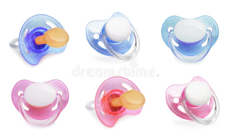 Collage of Baby Pacifiers in Different Colors on White Background Stock ...