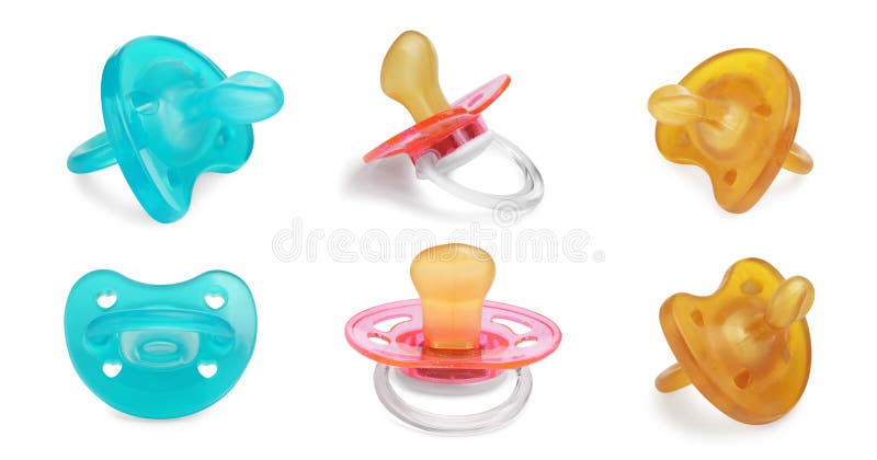Collage of Baby Pacifiers on White Background, Views from Different ...