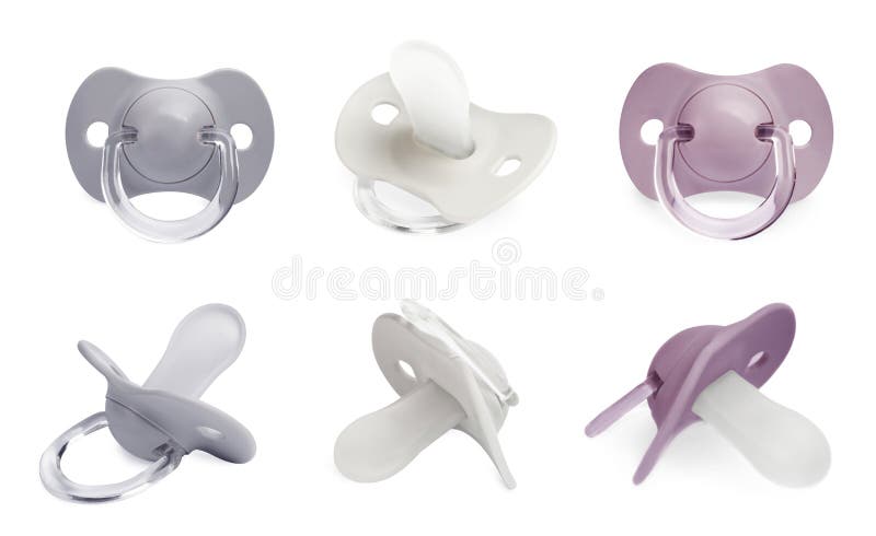 Collage of Baby Pacifiers on White Background, Views from Different ...