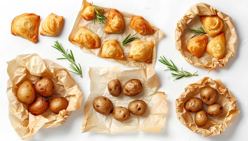 Collage of Baking Paper with Fresh Pastry and Roasted Potatoes on White ...