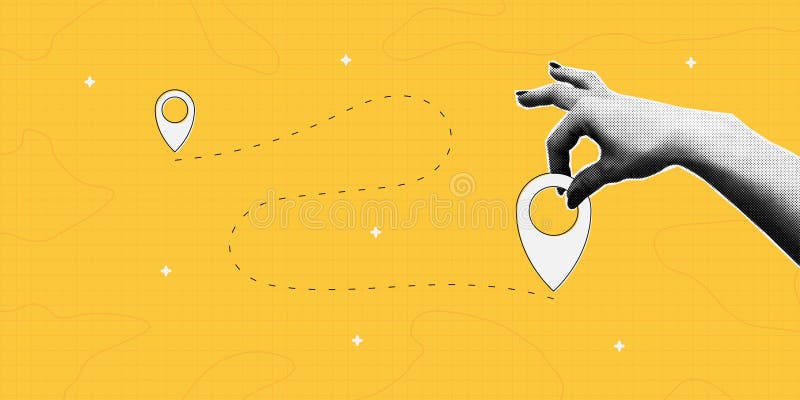 Collage Banner with Halftone Hand Holding Map Location Pointer. Stock ...