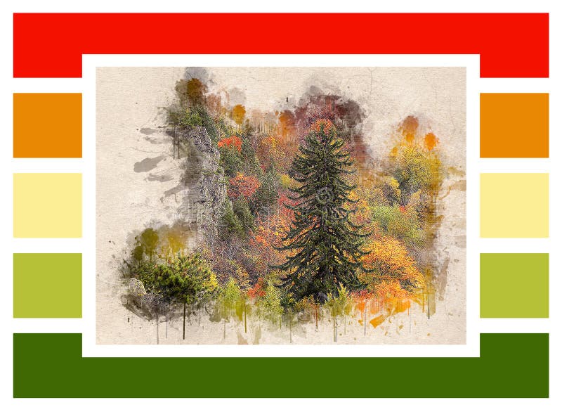 Collage of Watercolor Painted Beautiful Green Valley and Colored ...