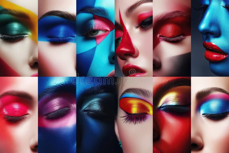 Collage of Beautiful Female Face with Bright Make-up Stock Illustration ...