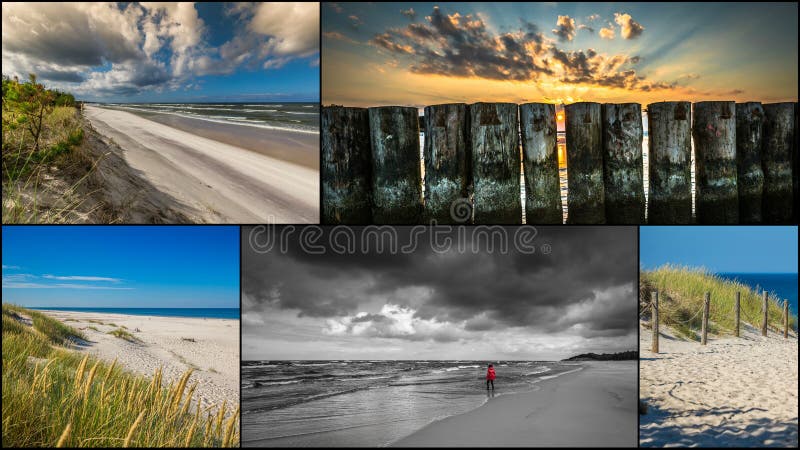 Collage of Beautiful Sandy Beach Leba, Baltic Sea, Poland Stock Photo ...