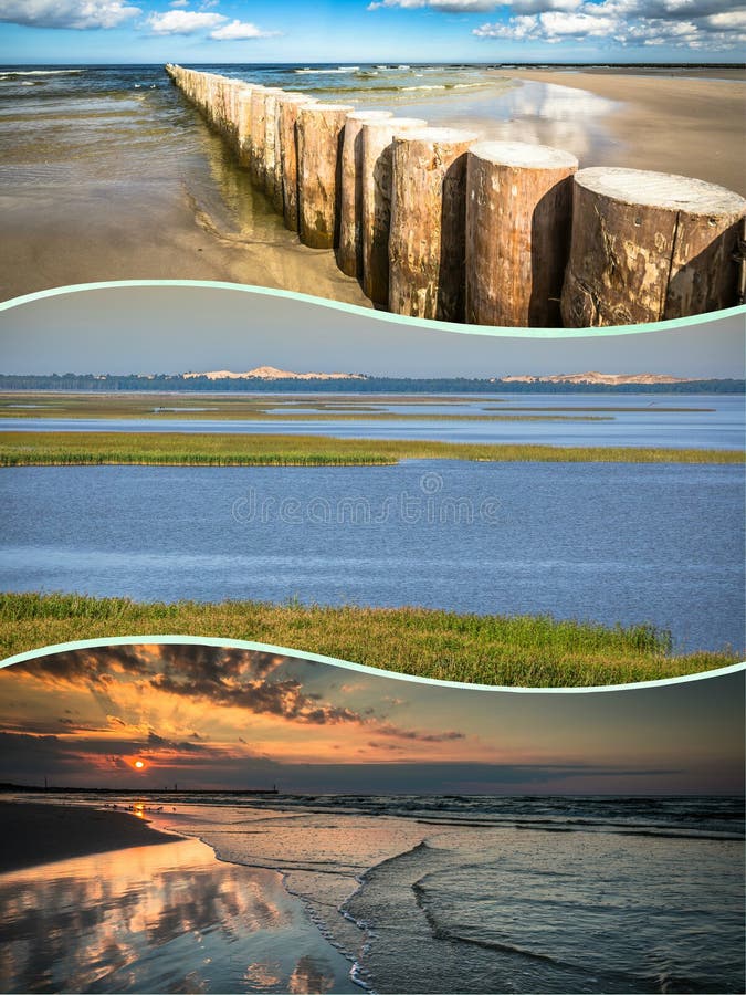 Collage of Beautiful Sandy Beach Leba, Baltic Sea, Poland Stock Photo ...