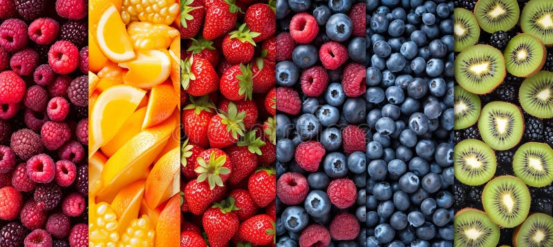 Collage of Berry Products with White Vertical Lines Divided into 7 ...