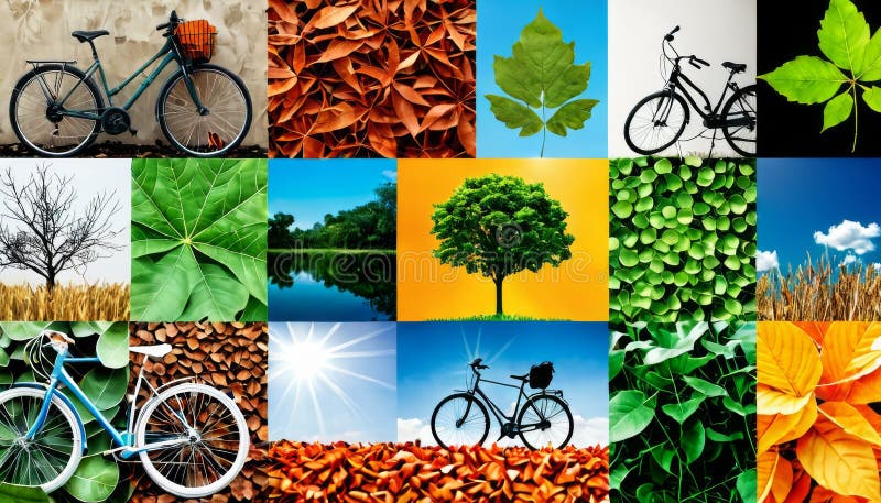 Collage of Bicycles and Nature Elements in Various Seasons Stock Image ...