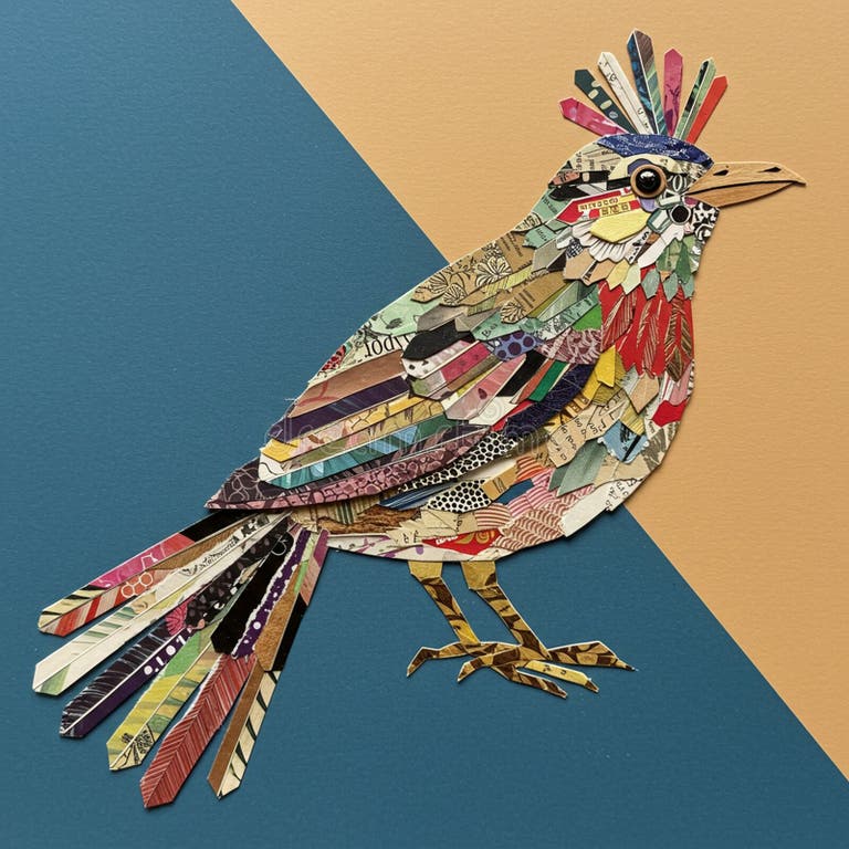 Collage of a Bird Crafted from Assorted Colored Paper Fragments. the ...