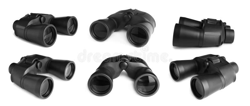 Collage with Black Binoculars on White Background, Different Sides ...
