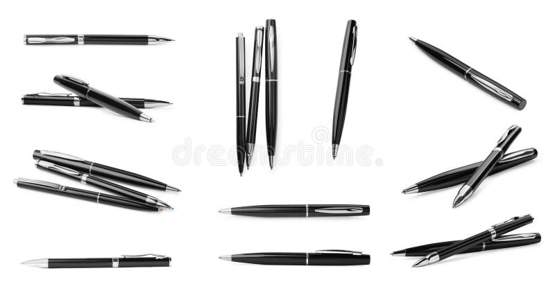 Collage with Black Pens on White Background Stock Image - Image of ...