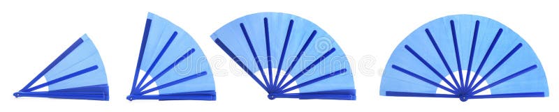Collage with Blue Hand Fan on White Background, Different Sides Stock ...