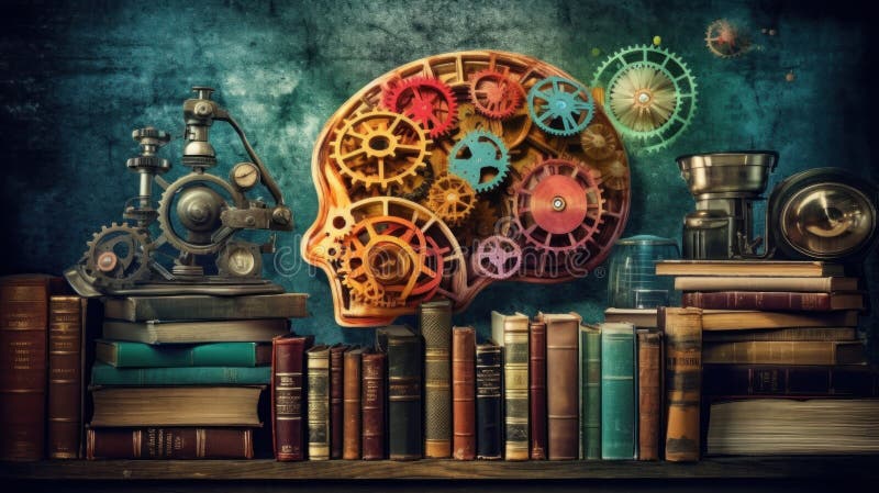 Collage with Books, Cogs, Light Bulb Brain. Learning, Education Concept ...