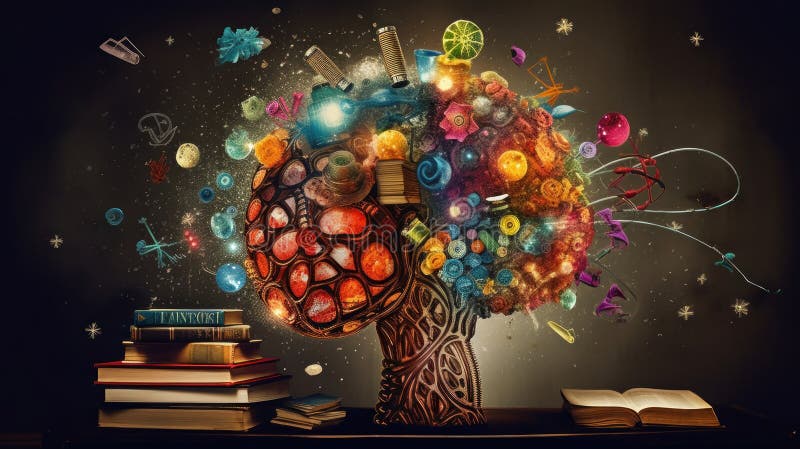 Collage with Books, Cogs, Light Bulb Brain. Learning, Education Concept ...