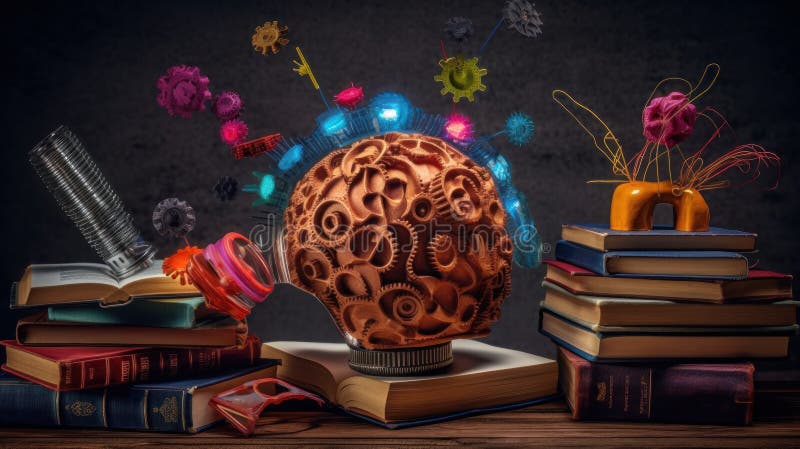 Collage with Books, Cogs, Light Bulb Brain. Learning, Education Concept ...