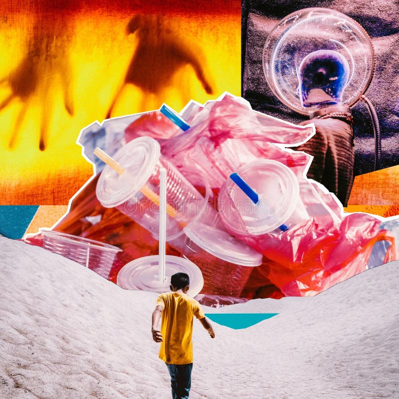 A Collage of a Boy Running in the Desert, Toward Large Plastic Cups ...