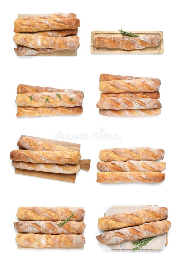 Collage with Bread on White Background, Top View Stock Photo - Image of ...