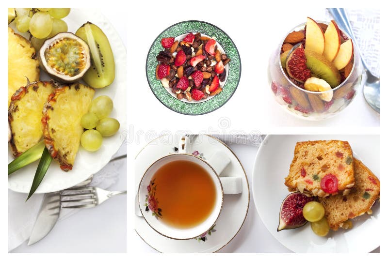 Collage of breakfast meals stock photo. Image of plates - 225648612