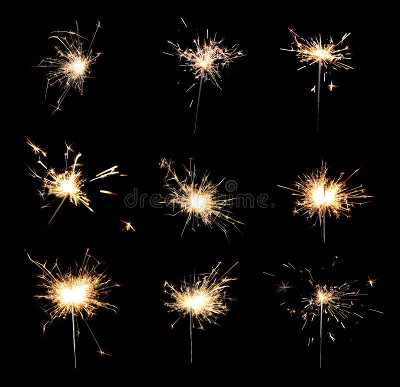 Collage with Bright Burning Sparklers on Black Background Stock Photo ...