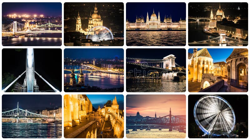 Collage of Budapest Sights at Night Stock Image - Image of danube ...