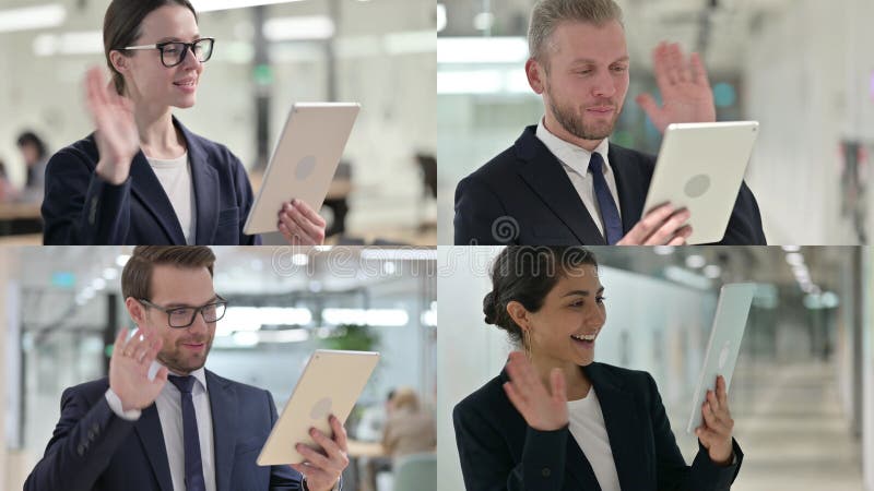 Collage of Business People Talking on Video Call on Tablet Stock Photo ...