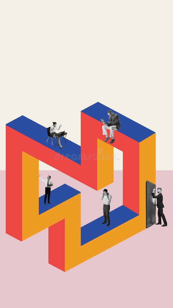 Collage of Businesspeople Trapped in Optical Illusion Structure ...