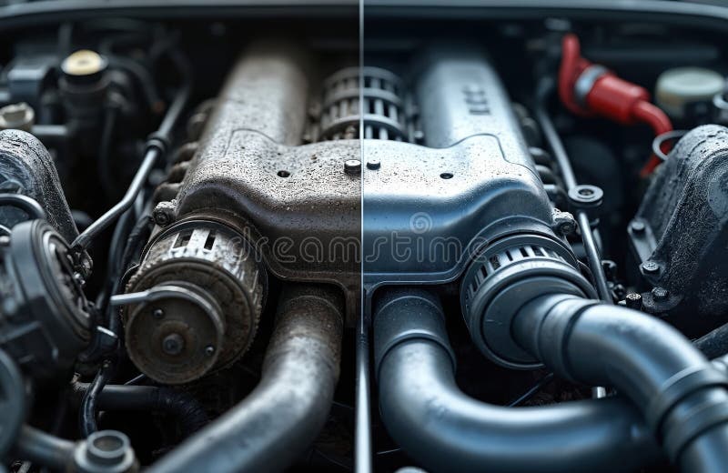 Collage Car Engine before after Cleaning. Dirty Motor Covered Dust ...