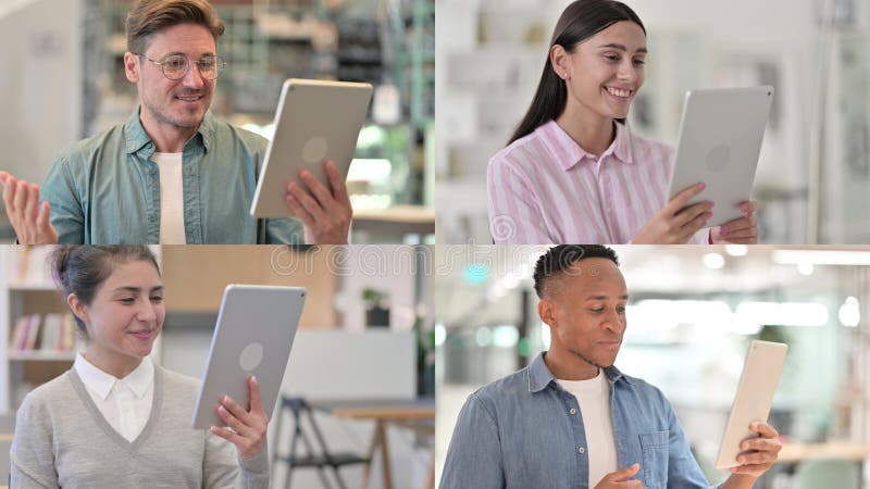 Collage of Casual People Talking on Video Call on Tablet Stock Photo ...