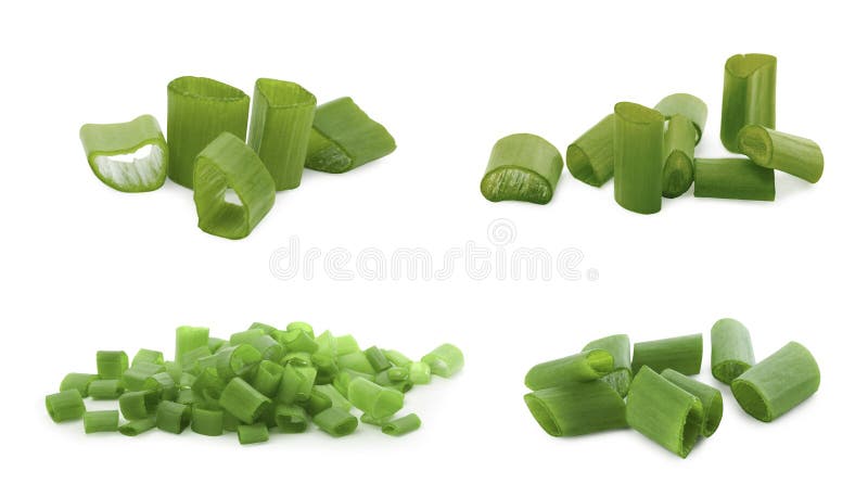 Collage of Chopped Green Onion on White Background Stock Photo - Image ...