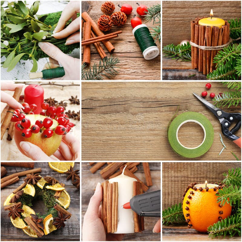 Collage with Christmas Decorations. Florist at Work Stock Image - Image ...