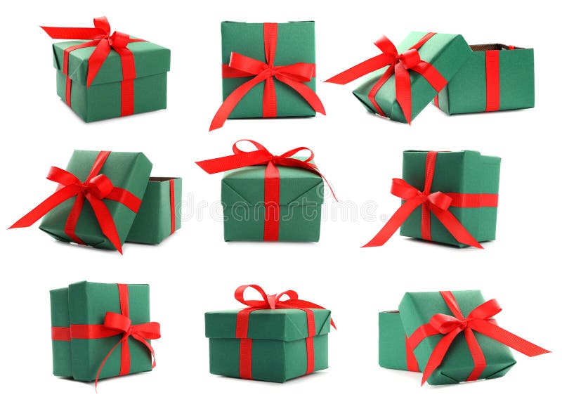 Collage with Christmas Gift Box on White Background, Views from ...