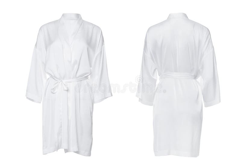 Collage with Clean Silk Bathrobe on White Background, Back and Front ...