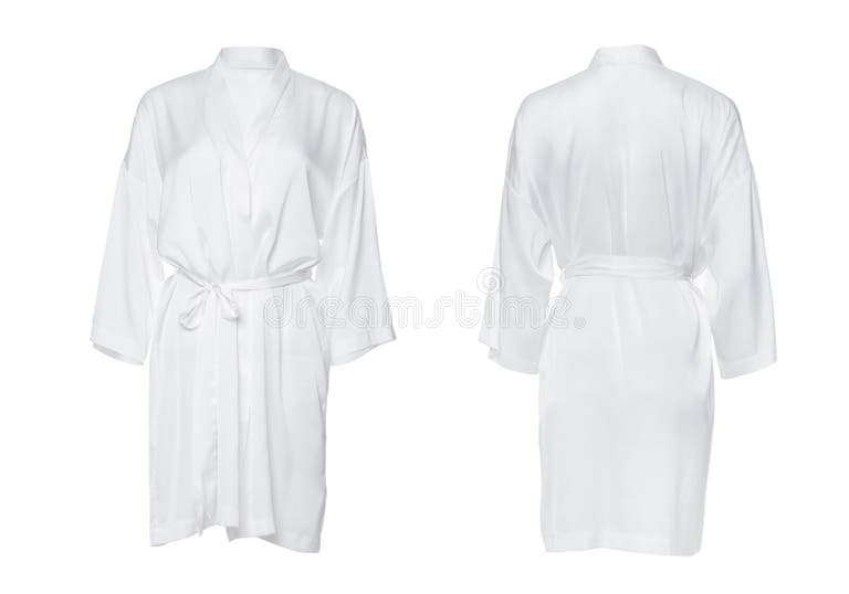 Collage with Clean Silk Bathrobe on White Background, Back and Front ...