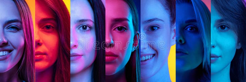 Collage. Close-up Vertical Strips of Different Female Faces Illuminated ...