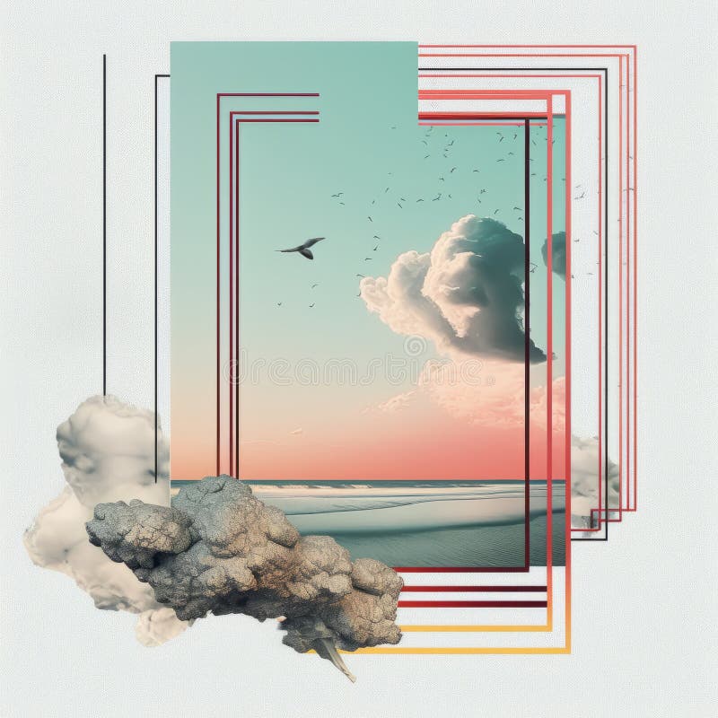 A Collage of Clouds and a Bird Flying Over the Ocean Stock Illustration ...