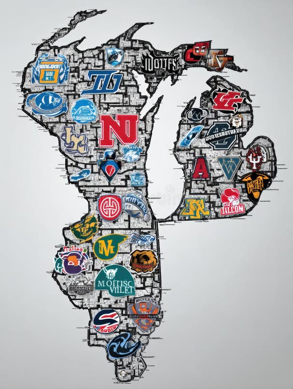 Collage of College Logos Arranged on a Map with Visible Bracket Paths ...